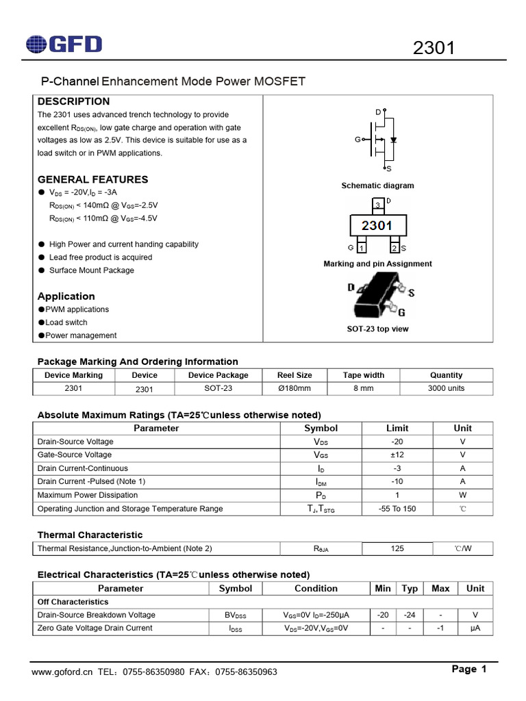 2301 GFD | PDF | Field Effect Transistor | Information And Communications Technology