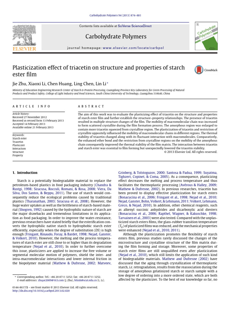 Plasticization Effect of Triacetin On Structure and Properties of ...