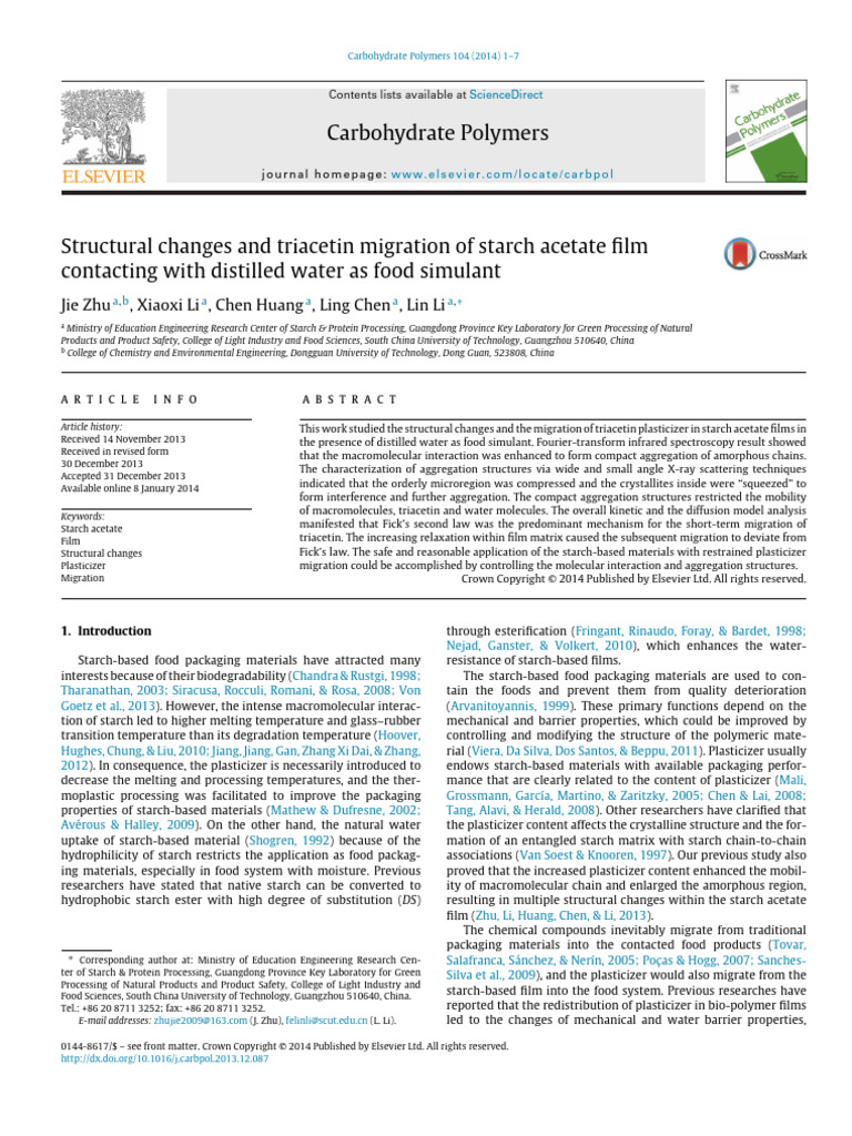 Structural Changes and Triacetin Migration of Starch Acetate Film ...