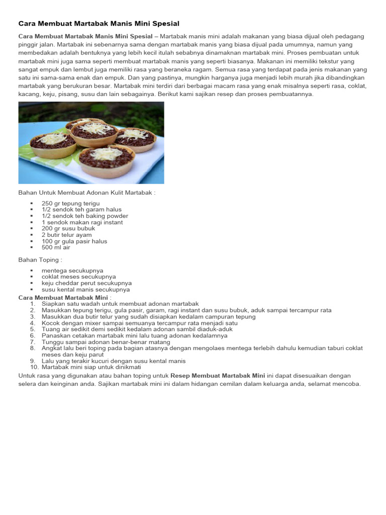 Resep Martabak Manis Mini Spesial | PDF | Memasak, Makanan, & Anggur ...