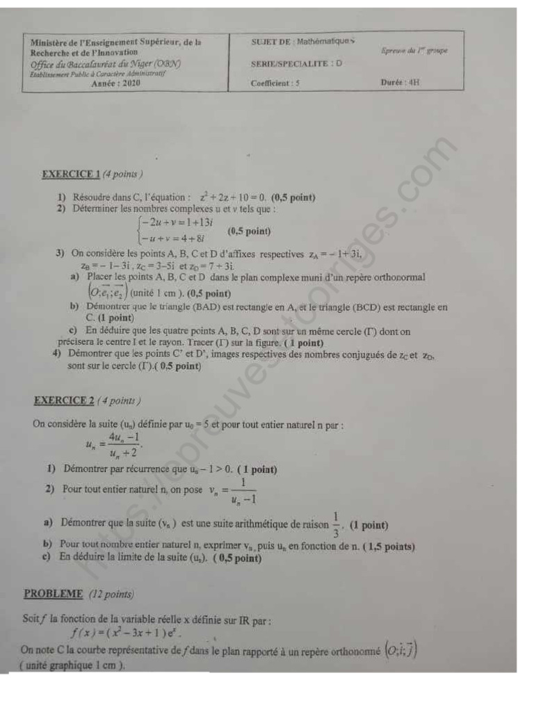Sujet Bac 2020 Niger Mathematiques Serie D 1er Groupe | PDF