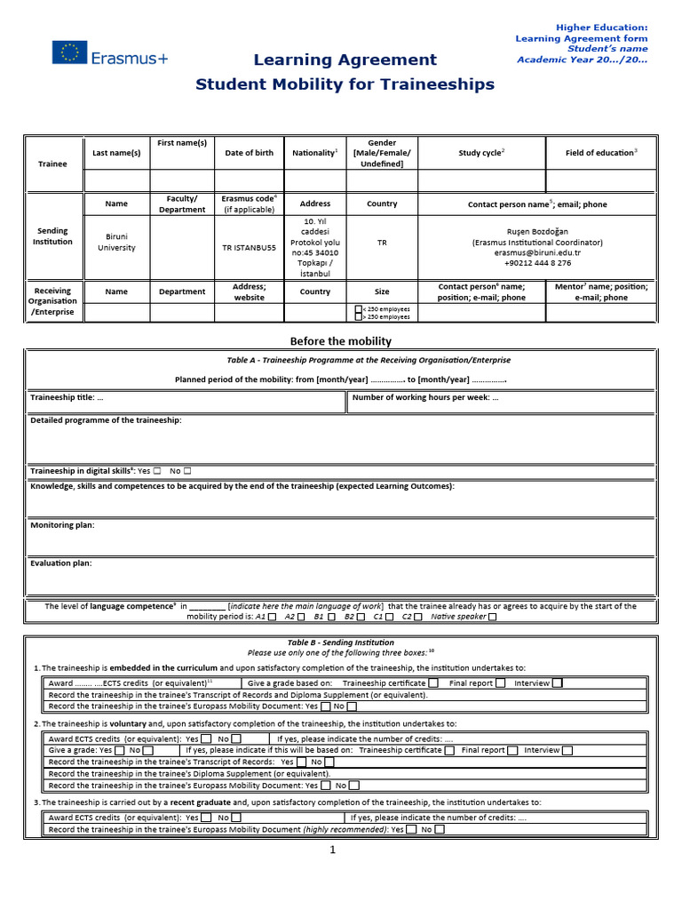Learning Agreement For Traineeship (Before Mobility) | PDF ...