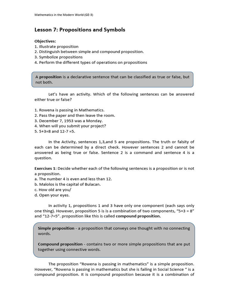 Lesson 7 - Propositions and Symbols | PDF