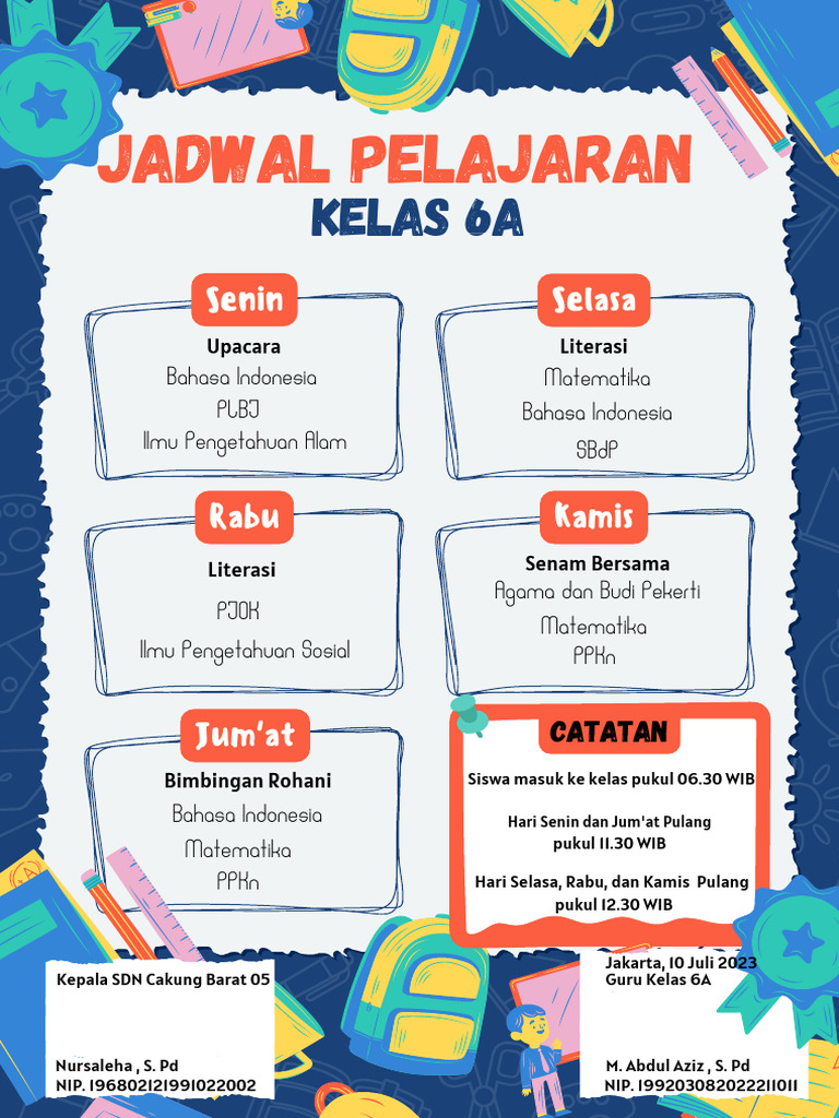 Jadwal Pelajaran Kelas 6A | PDF