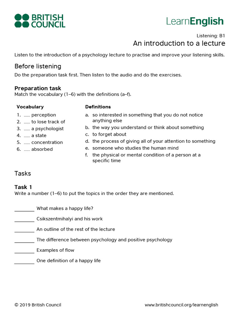 LearnEnglish Listening B1 - An Introduction To A Lecture | PDF | Positive Psychology | Happiness