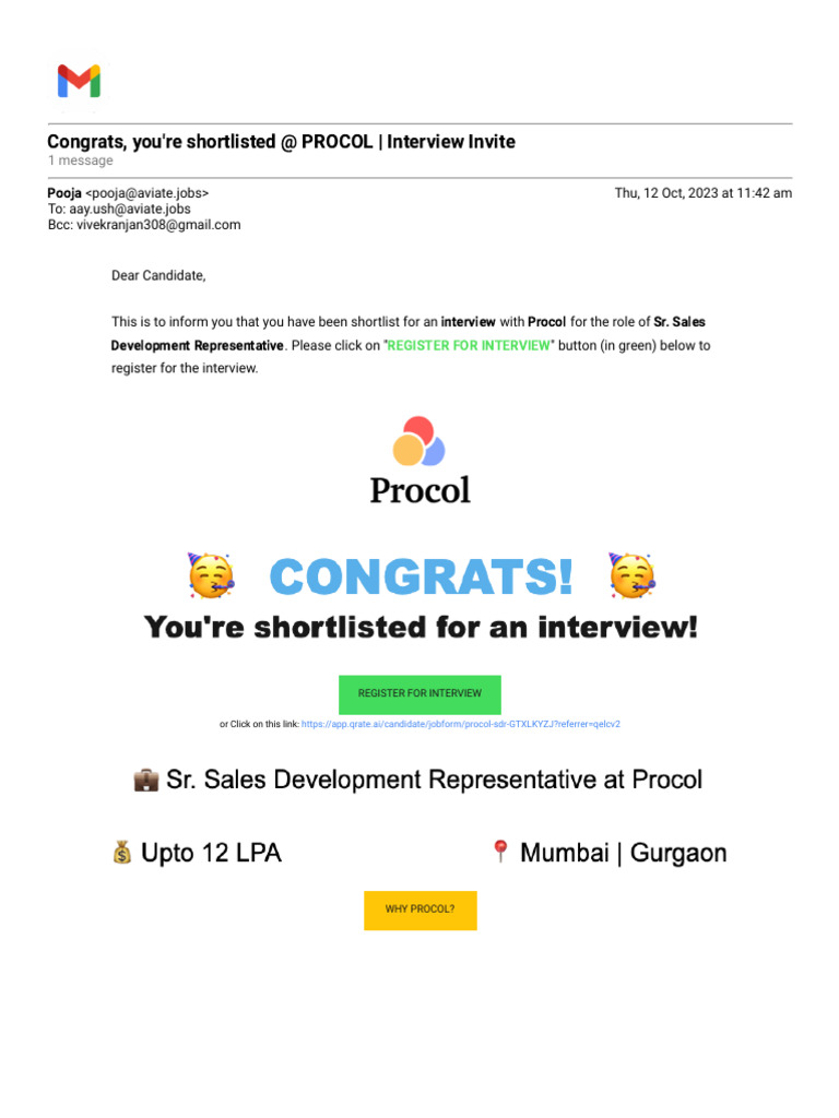 Gmail - Congrats, You'Re Shortlisted at PROCOL - Interview Invite | PDF