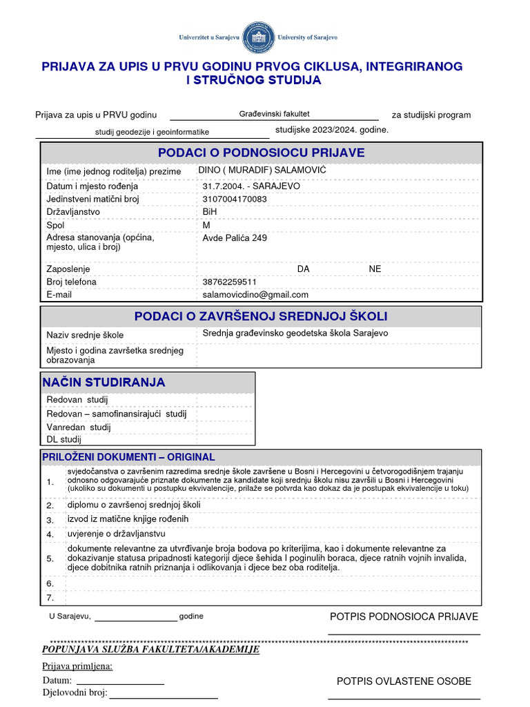 Prijava Za Upis 23594 363 | PDF