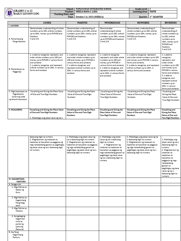 DLL - Math 1 - Q1 - W6 | PDF