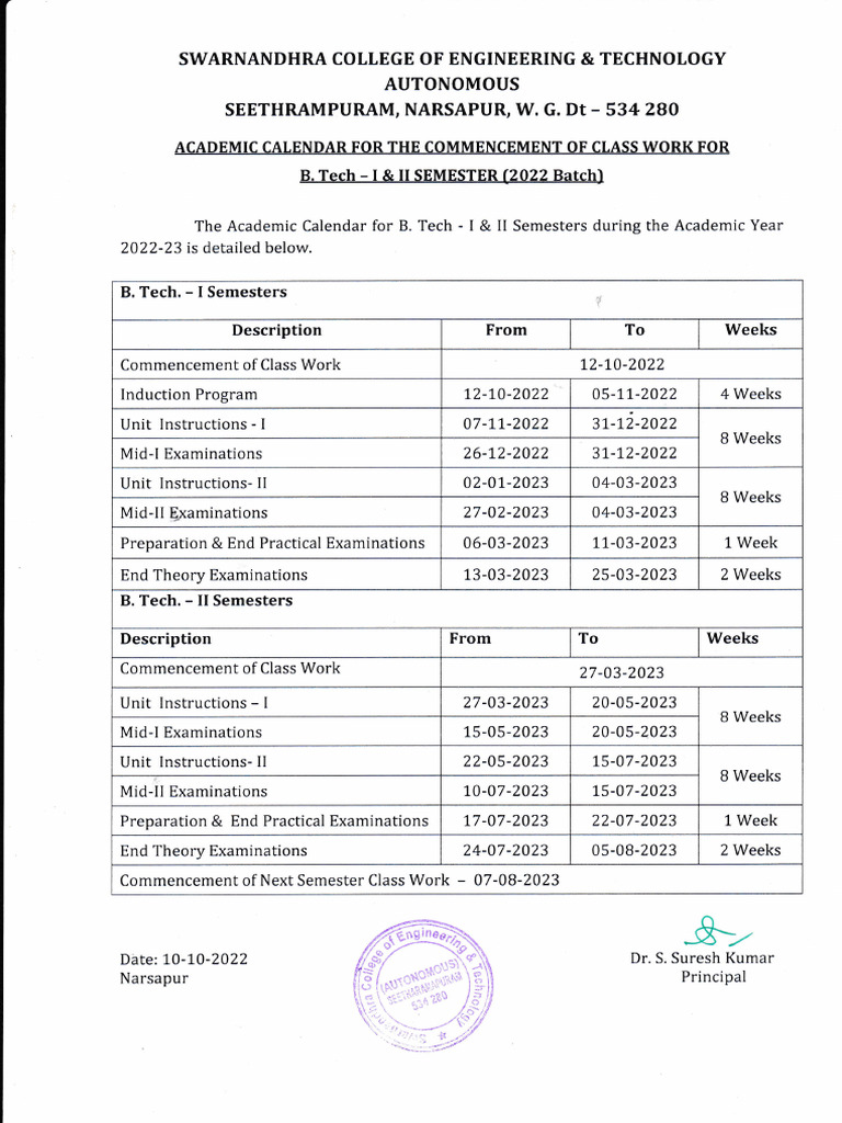 B.tech 2022-23 Academic Calender | PDF | Academic Term | Educational Institutions