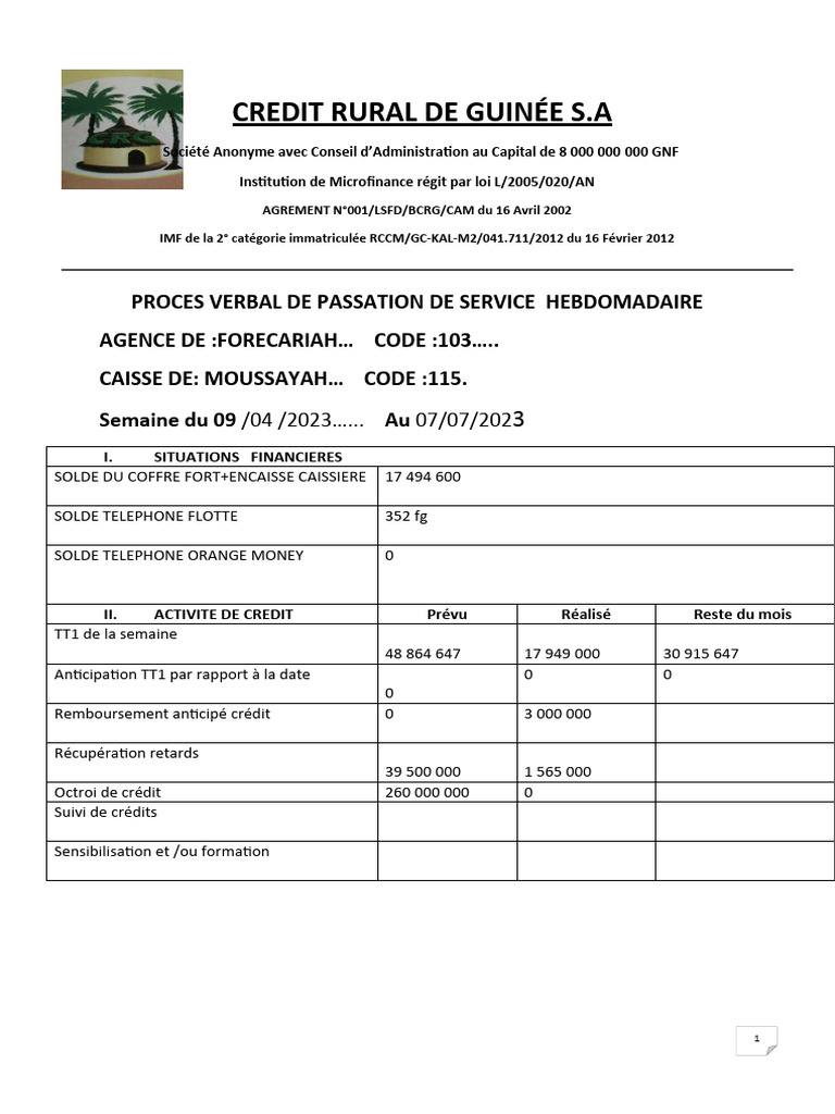 PV Passation Hebdomadaire Valite | PDF | Économie | Argent