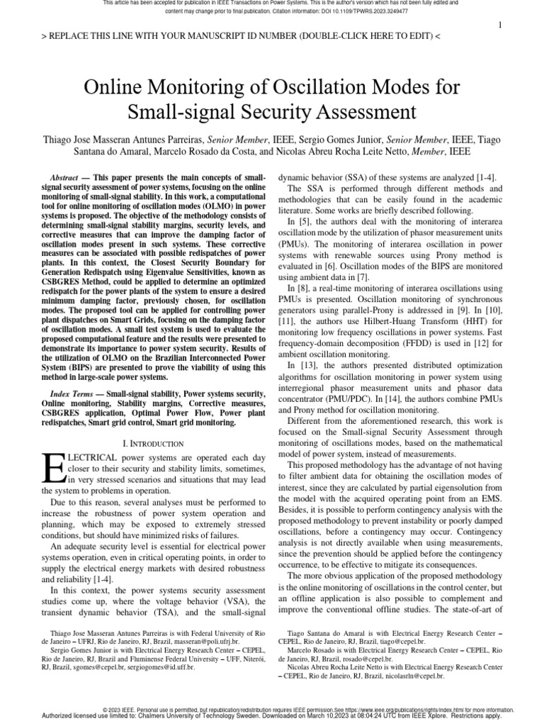 Online Monitoring of Oscillation Modes For Small-Signal Security Assessment | PDF
