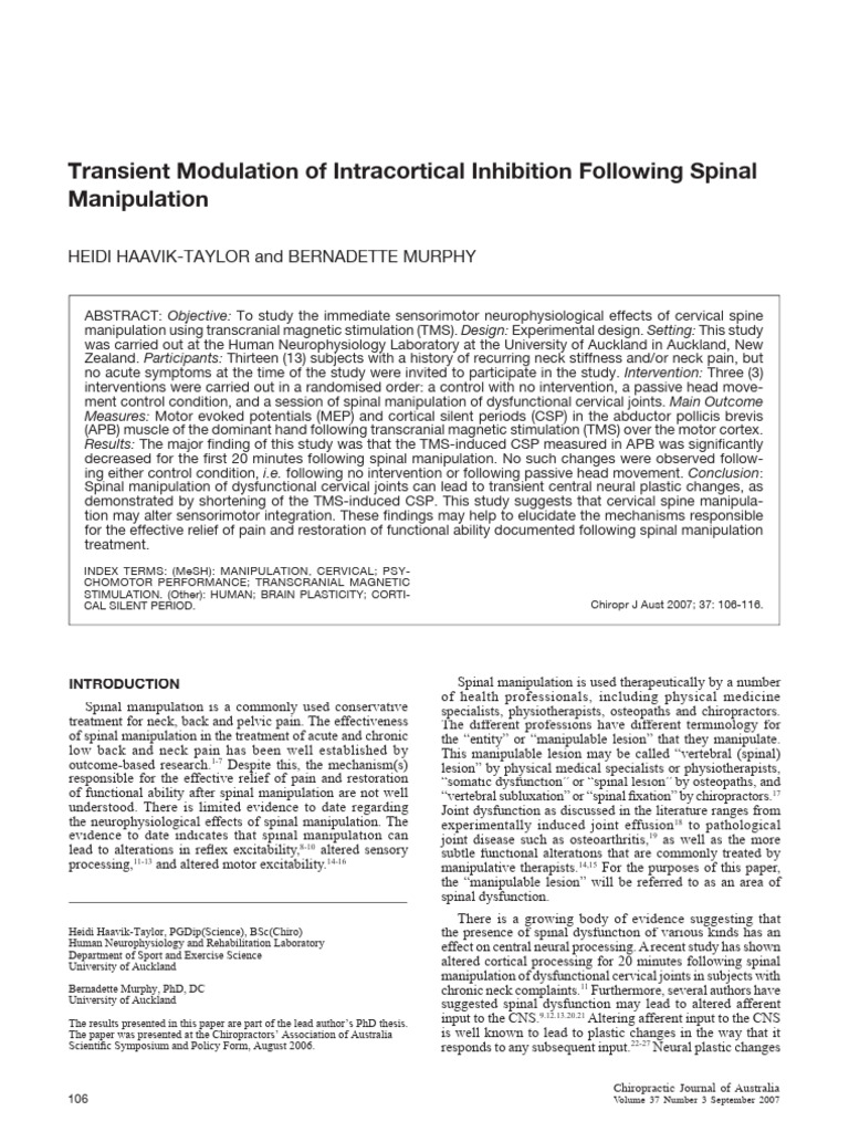 2007 Transient Modulation of Intracortical Inhibition | PDF | Chiropractic | Neuroscience