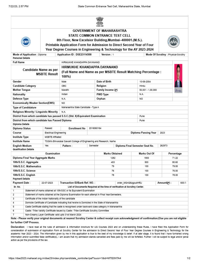 State Common Entrance Test Cell, Maharashtra State, Mumbai 13 | PDF
