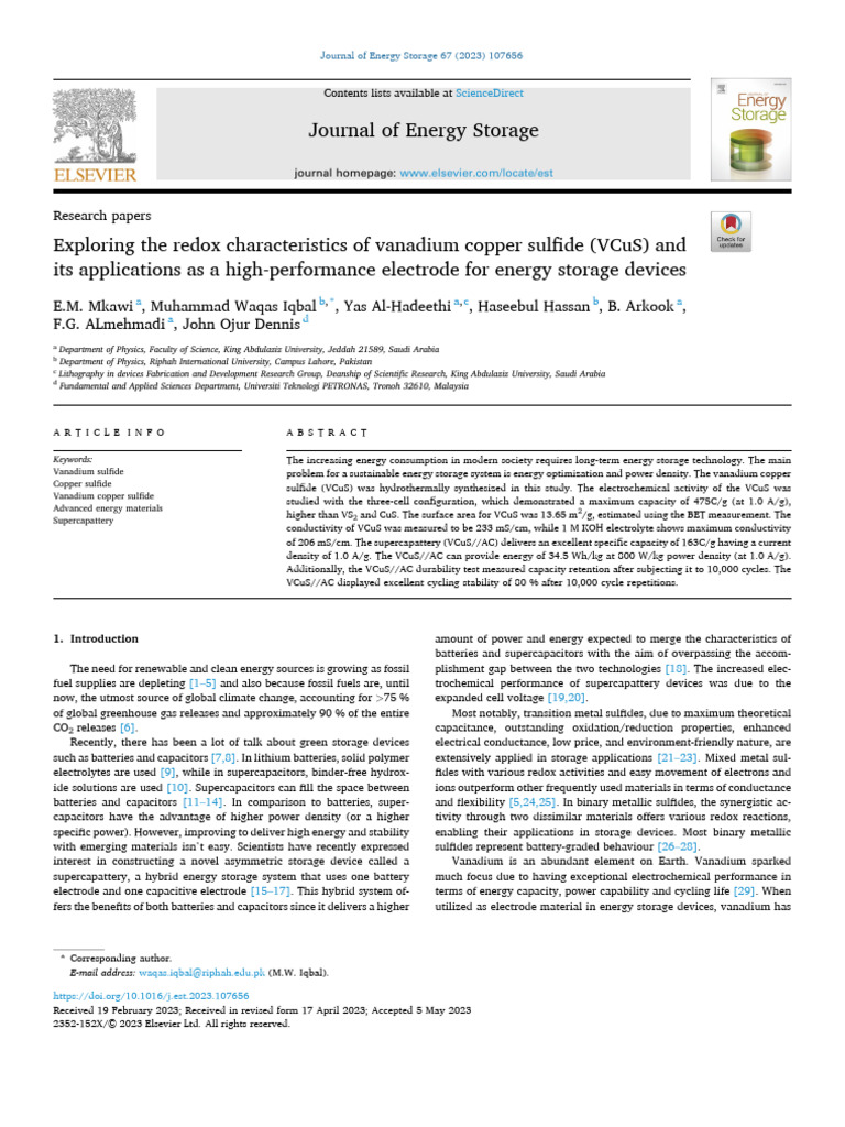 Exploring The Redox Characteristics of Vanadium Copper Sulfide (VCuS ...
