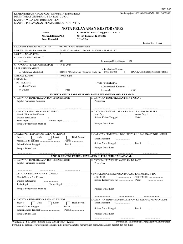 Nota Pelayanan Ekspor (Npe) | PDF