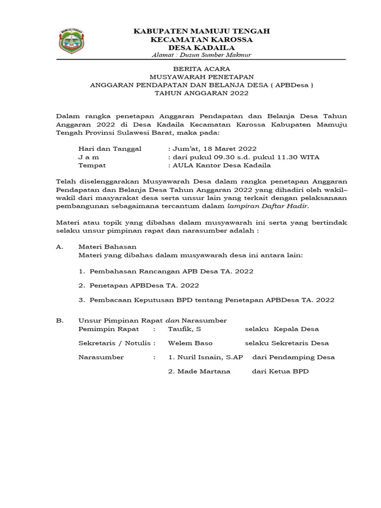 Ba Musdes Penetapan Apbdes | PDF