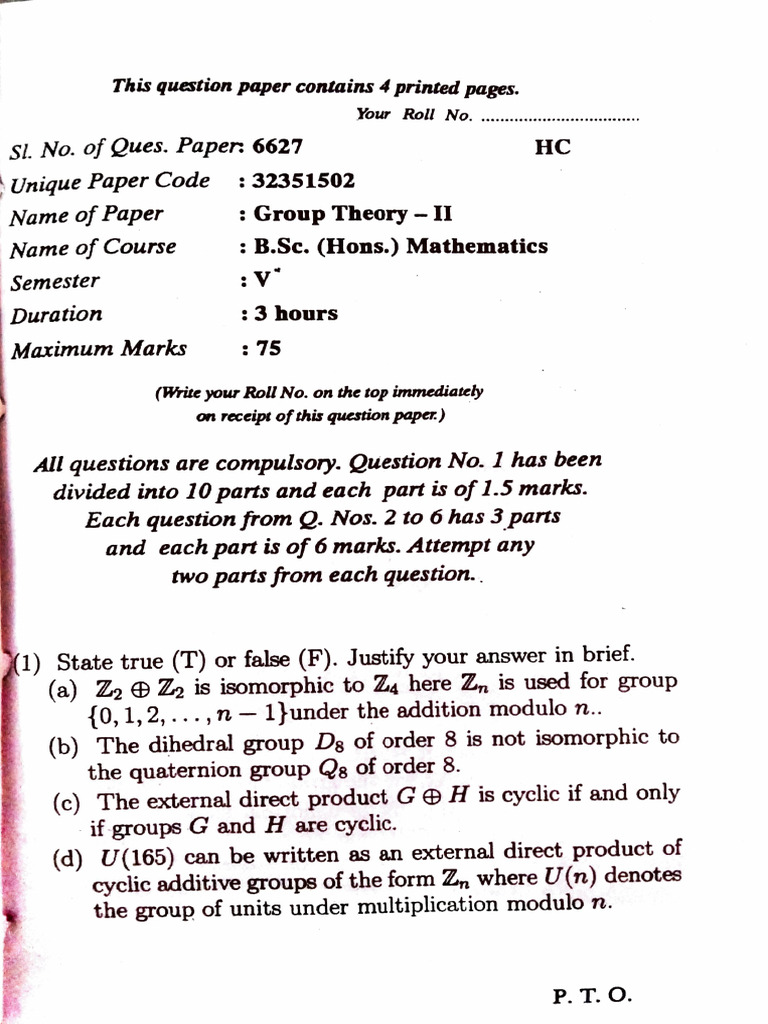 Core Paper II - Group Theory II PYQ Paper For Sem 5 Uploaded By Navdeep Raghav(KMV Academic ...
