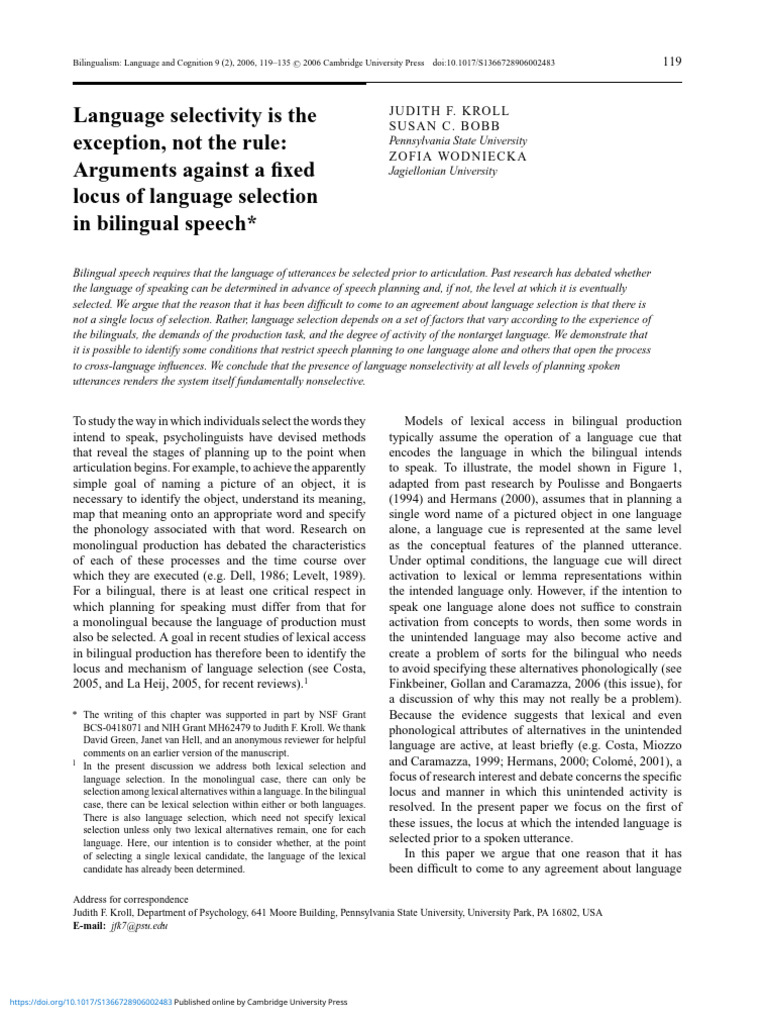 Language Nonselectivity in Bilingual Speech | PDF