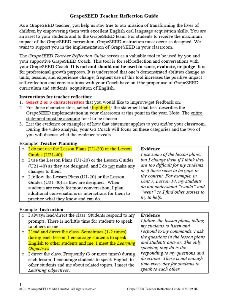 GrapeSEED Teacher Reflection Guide 8.5.19 - SC | PDF | Lesson Plan ...