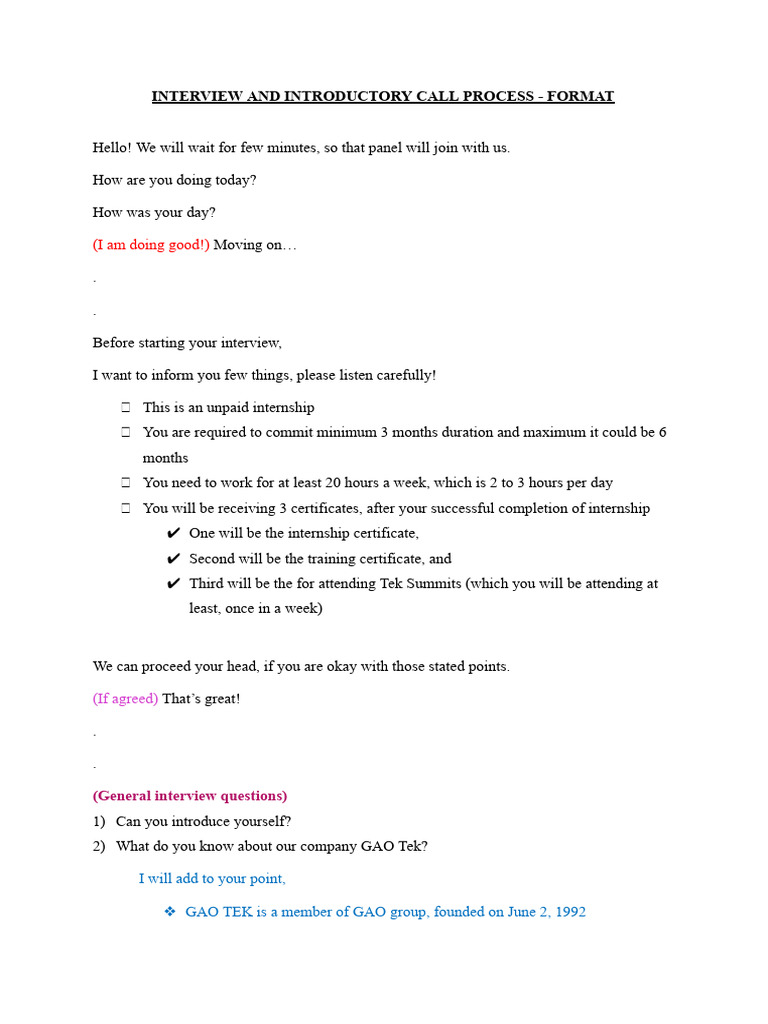 INTERVIEW AND INTRODUCTORY CALL PROCESS - Docx-1 | PDF | Computing | Software