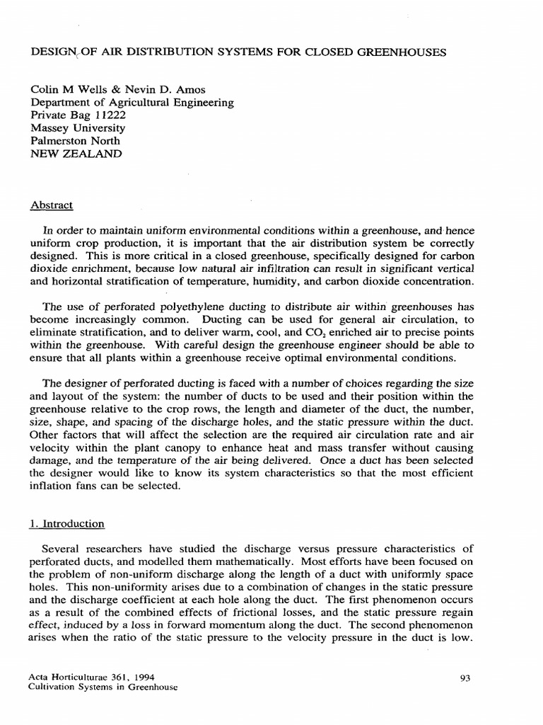 Design of Air Distribution Systems For Closed Greenhouses | PDF