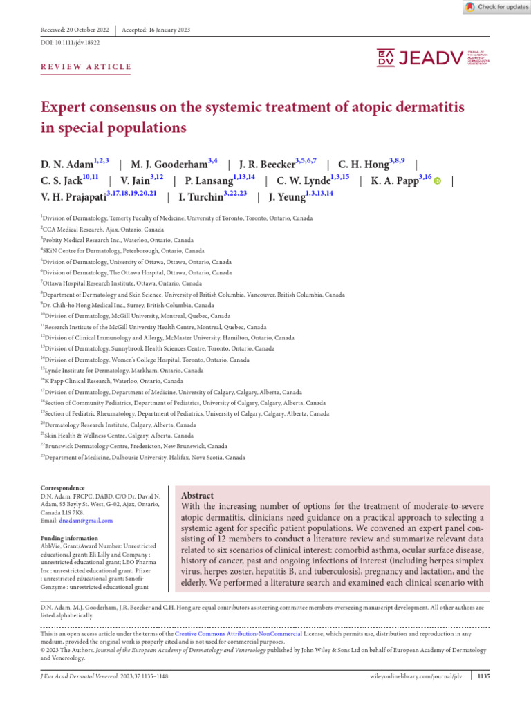Acad Dermatol Venereol - 2023 - Adam - Expert Consensus On The Systemic ...