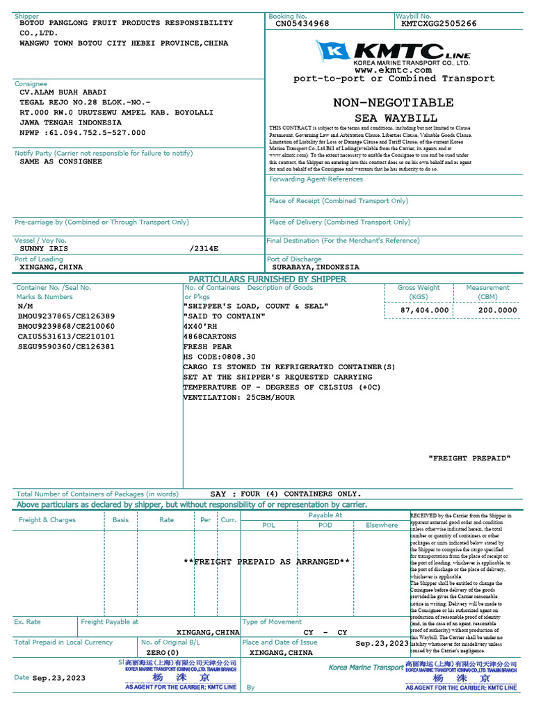 kmtcxgg2505266-23gl222 Waybill | PDF | Bill Of Lading | Common Carrier