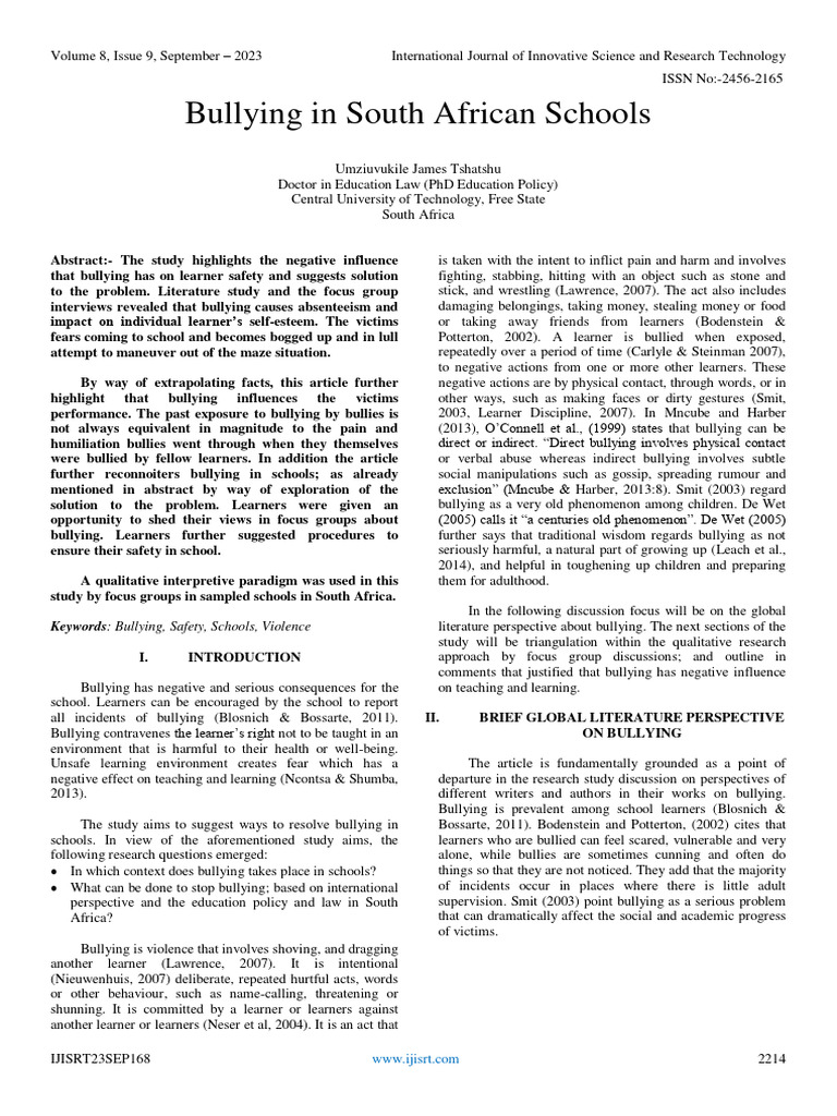 Addressing Bullying in South African Schools | PDF | Bullying | Violence