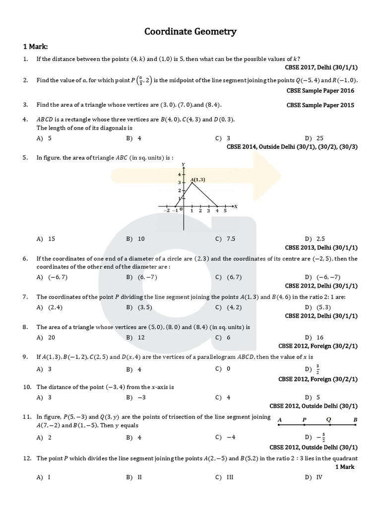 Coordinate Geometry Previous Year Questions | PDF | Triangle | Area