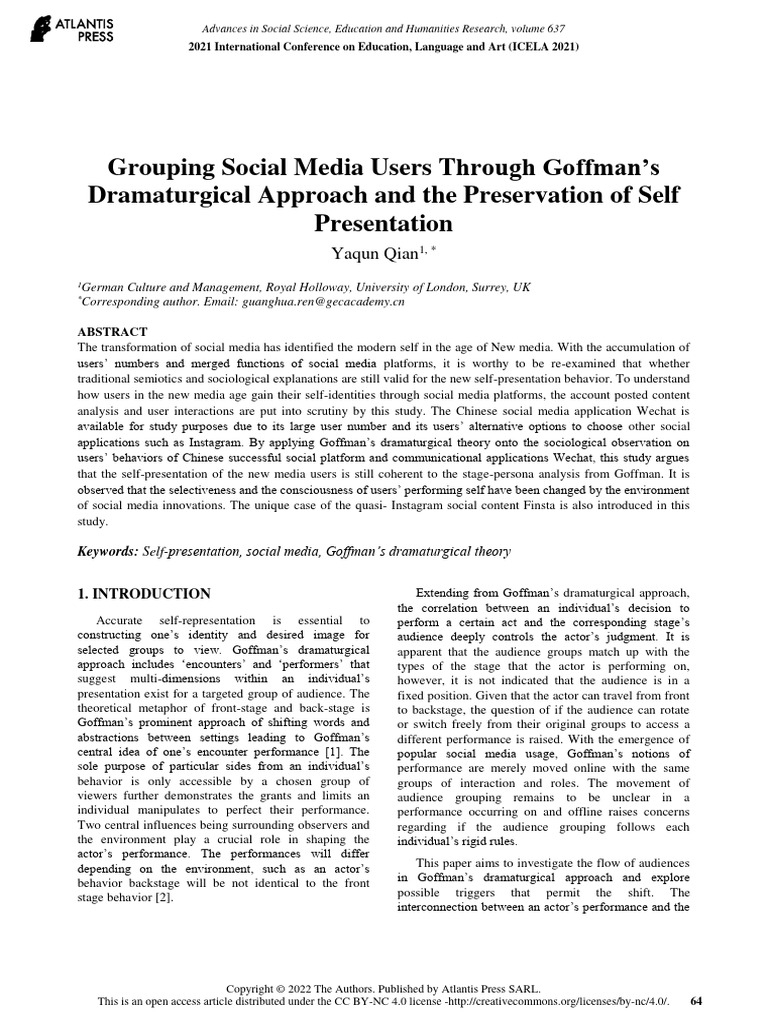 Grouping Social Media Users Through Goffman's Dramaturgical Approach and The Preservation of ...