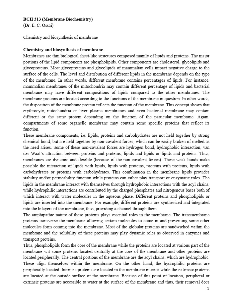 BCH 313 - Membrane Biochemistry | PDF | Cell Membrane | Biosynthesis