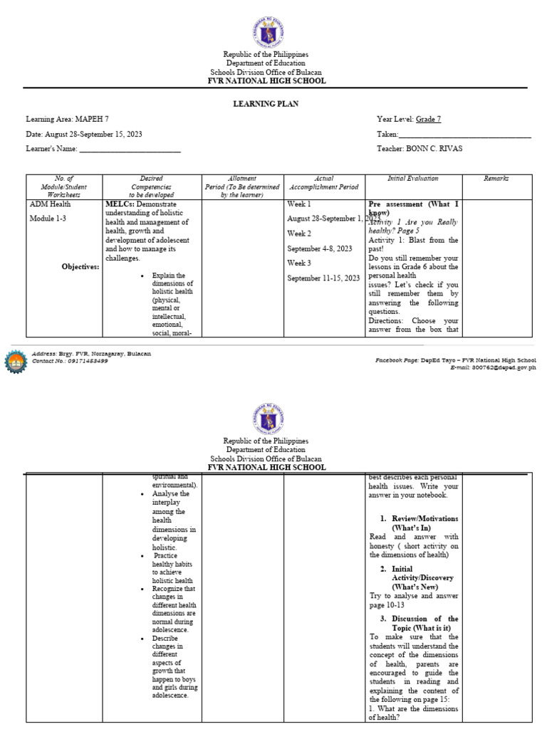 g7 q1 Health Week 1-3 Learning-Plan | PDF