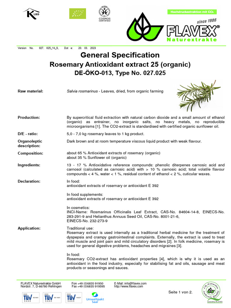General Specification Rosemary Antioxidant Extract 25 (Organic) | PDF ...