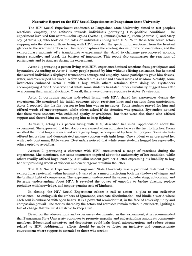 Narrative Report On The HIV Social Experiment at Pangasinan State ...