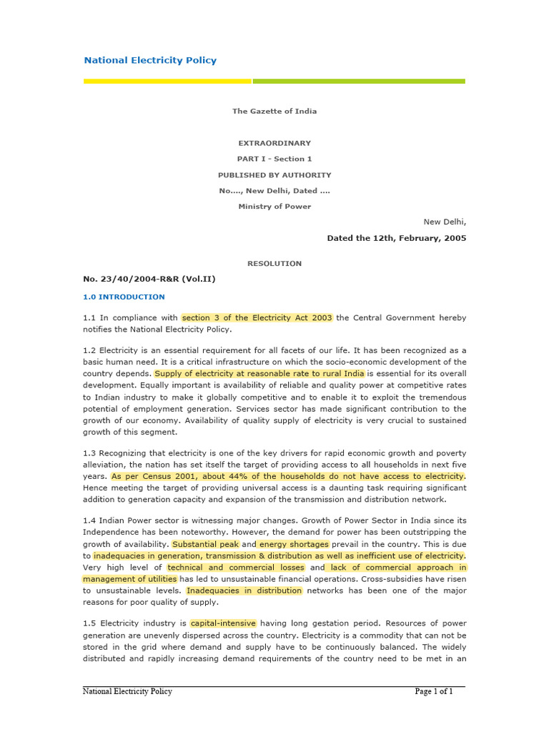 National Electricity Policy 2005 | PDF