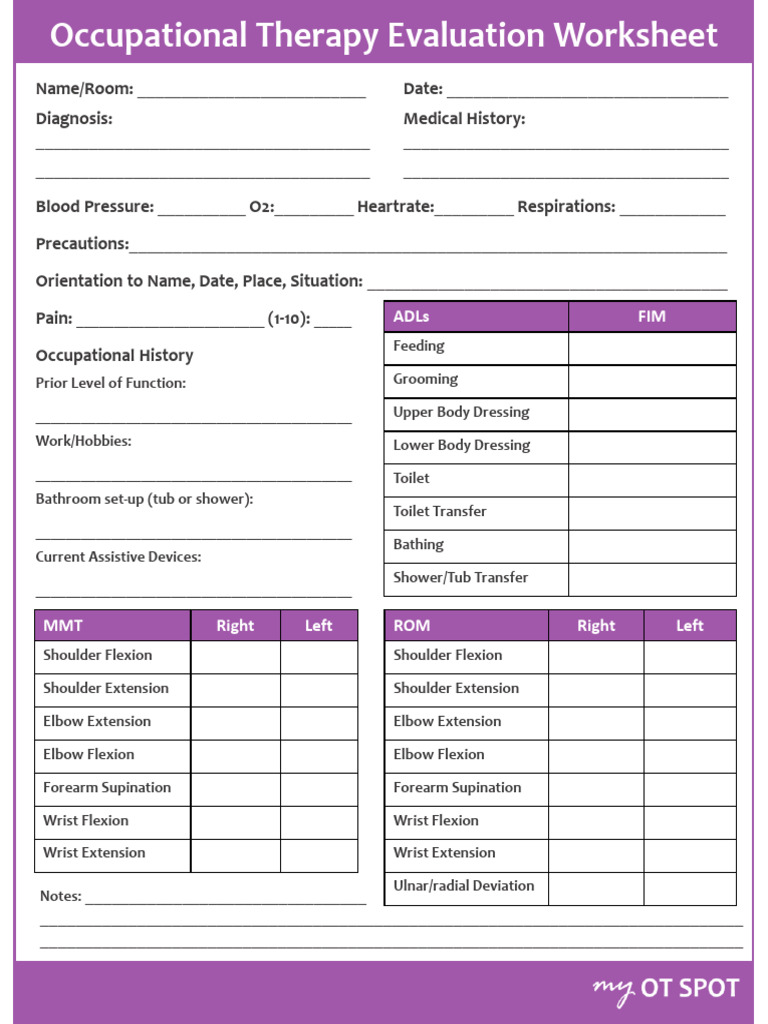 Evaluation Worksheet For Occupational Therapy My OT Spot | PDF