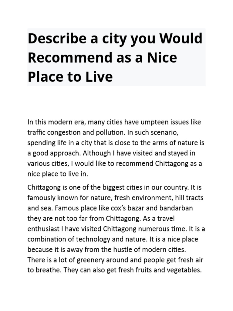 Describe A City You Would Recommend As A Nice Place To Live | PDF