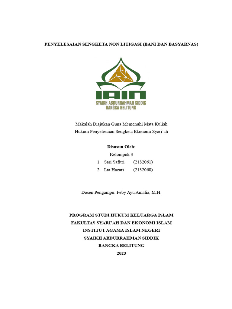 Kelompok 3 Penyelesaian Sengketa Non Litigasi (Bani Dan Basyarnas) | PDF