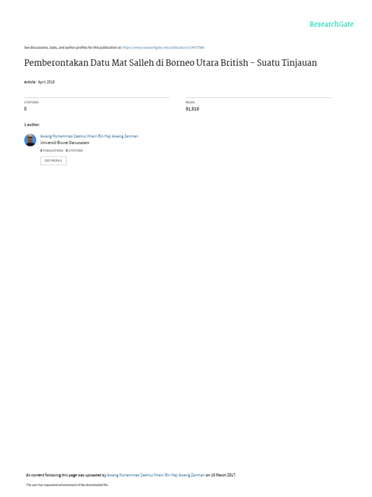 PemberontakanMatSallehdiBorneoUtaraBritish Satu | PDF