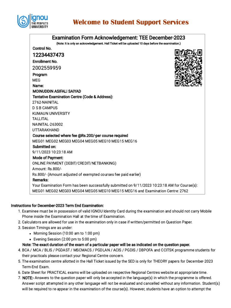 IGNOU - Examination Form Acknowledgement | PDF | Banking Technology ...