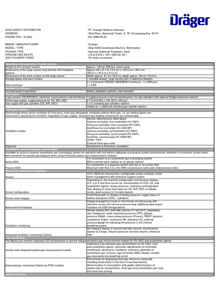 Specification Atlan A300 Anesthesia Workstation With BIS | PDF