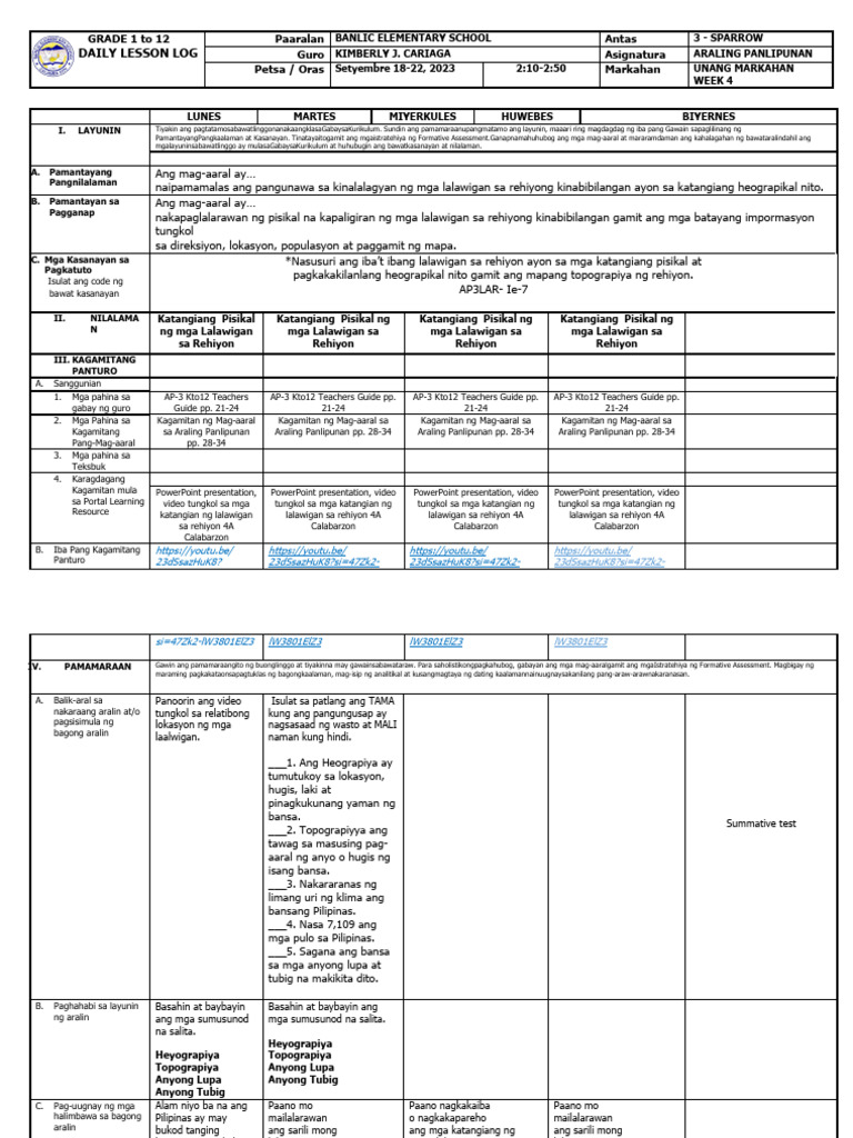 Daily Lesson Log: GRADE 1 To 12 Paaralan Antas Guro Asignatura Petsa ...