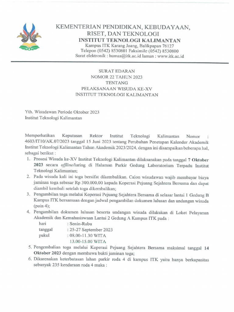 Se Nomor 22 Tentang Pelaksanaan Wisuda XV Itk | PDF
