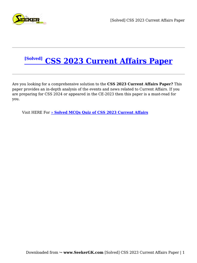 (Solved) CSS 2023 Current Affairs Paper | PDF