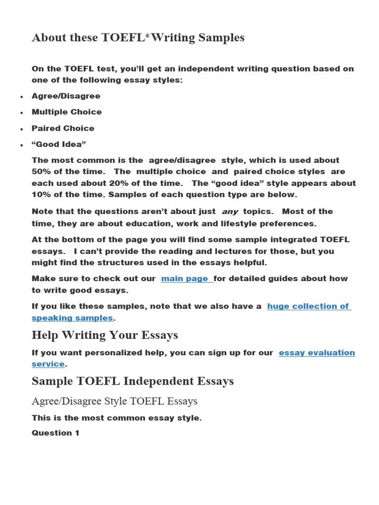 Sample TOEFL Independent Essays | PDF | Reason | Multiple Choice