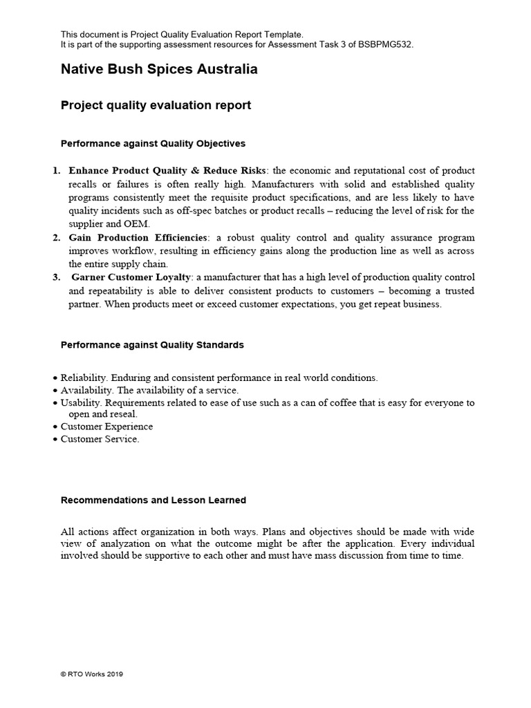 Project Quality Evaluation Report Template | PDF