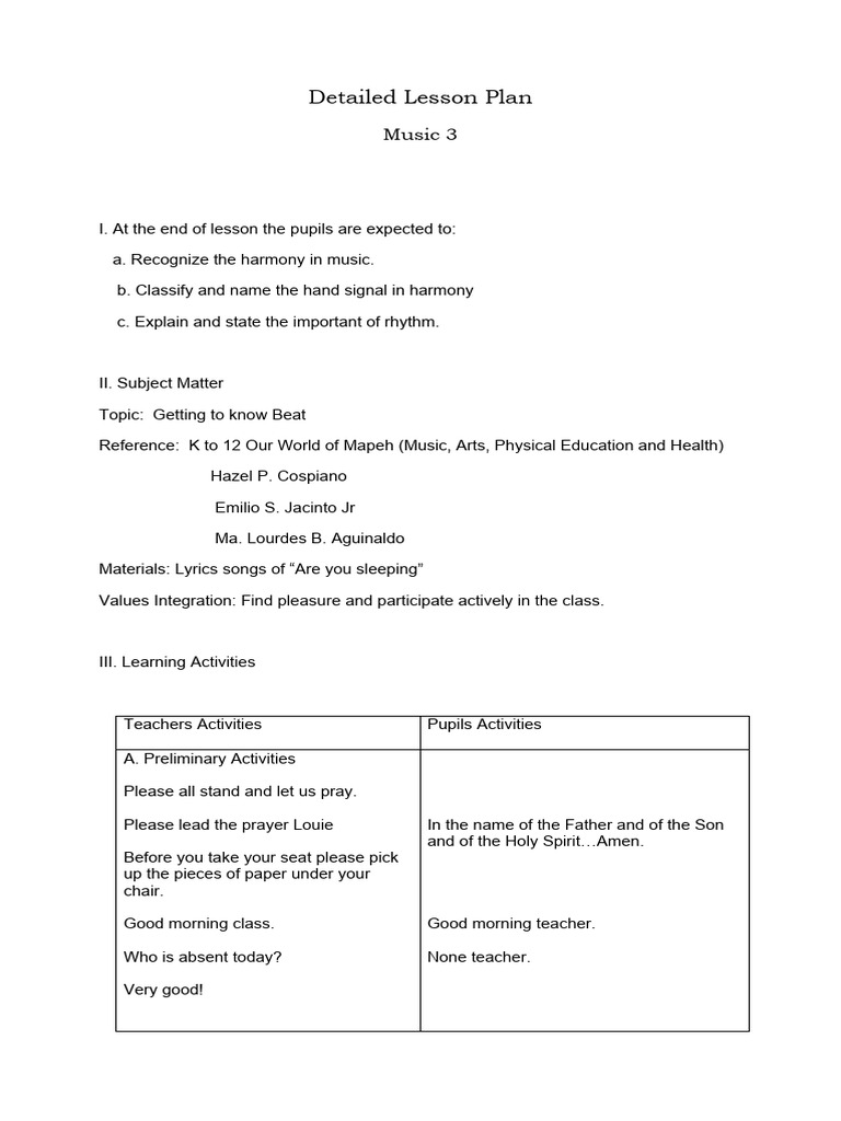 Detailed Lesson Plan Music | PDF | Language Arts & Discipline | Foreign ...