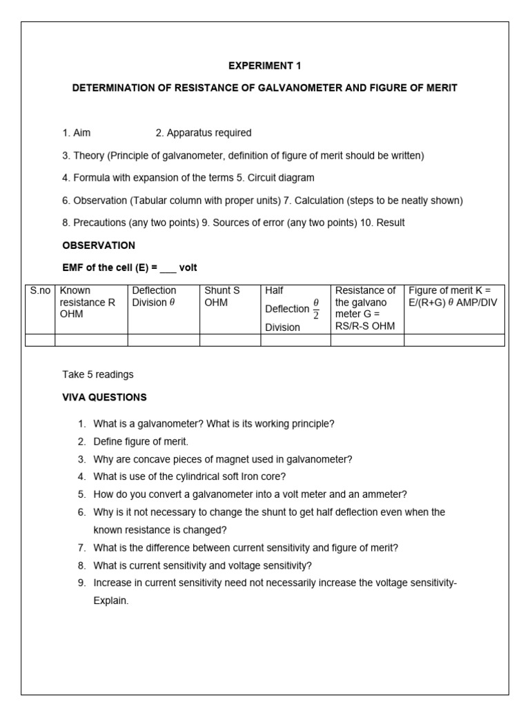 Experiment 1 Determination of Resistance of Galvanometer and Figure of Merit | PDF