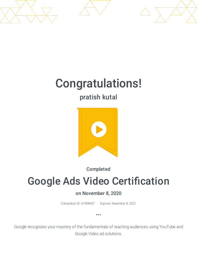 Google Ads Video Certification Achieved | PDF