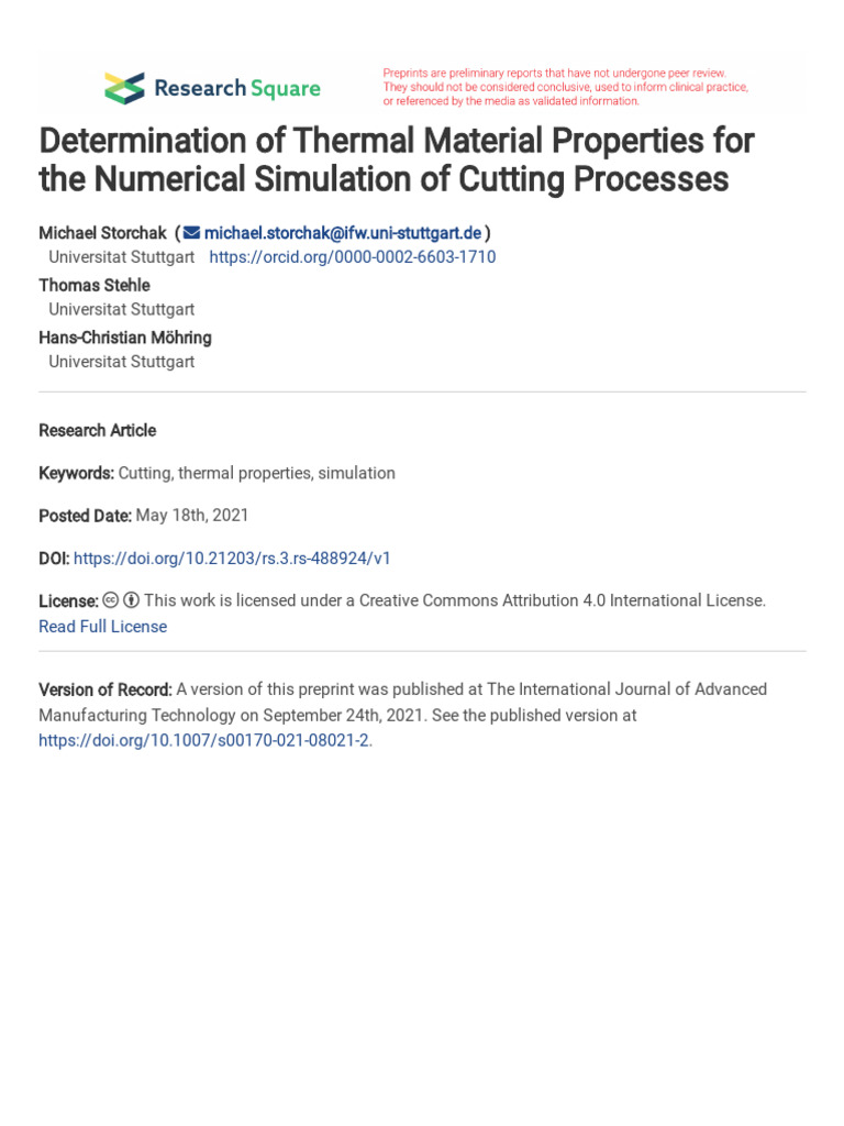 Determination of Thermal Material Properties For The Numerical Simulation of Cutting Processes ...